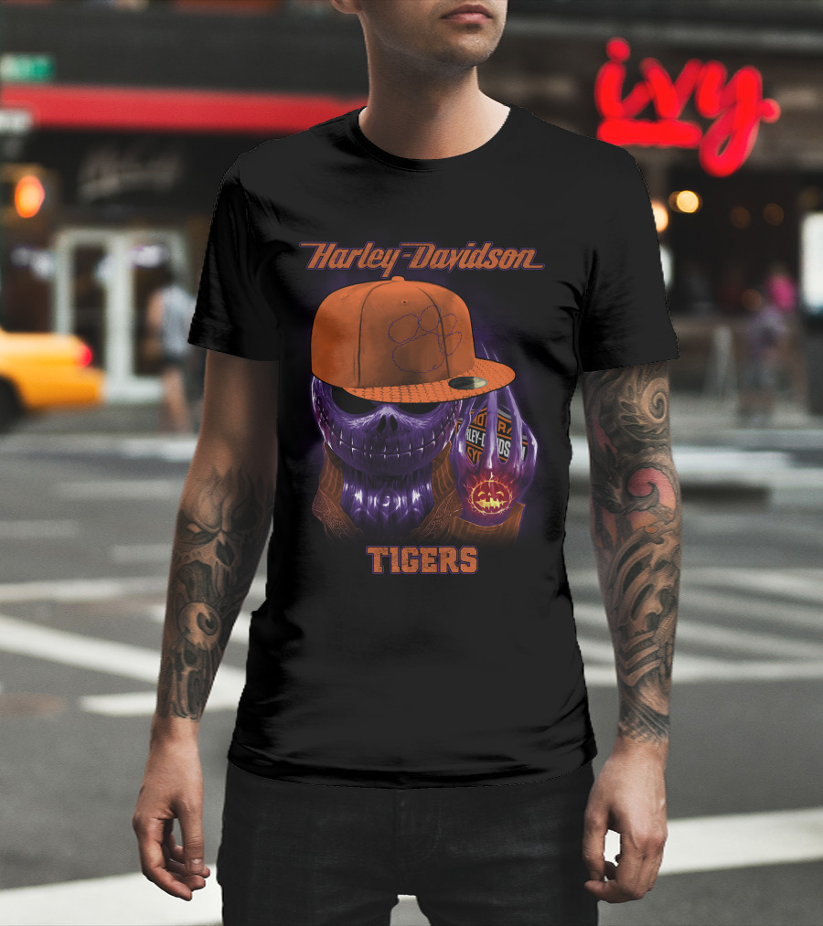 Harley Davidson Tigers Skull In Clemson Cap T-Shirt