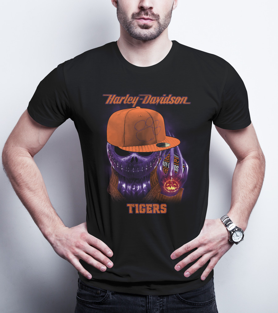Harley Davidson Tigers Skull In Clemson Cap T-Shirt