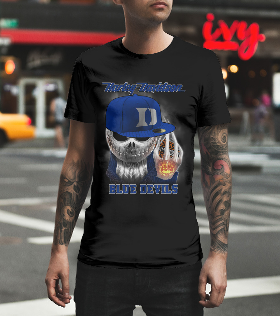 Harley Davidson Skull With Blue Devils Hat And Duke D T-Shirt