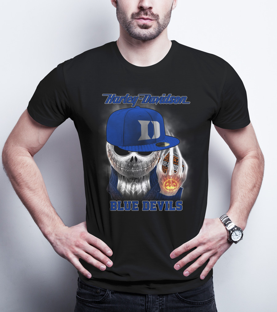 Harley Davidson Skull With Blue Devils Hat And Duke D T-Shirt