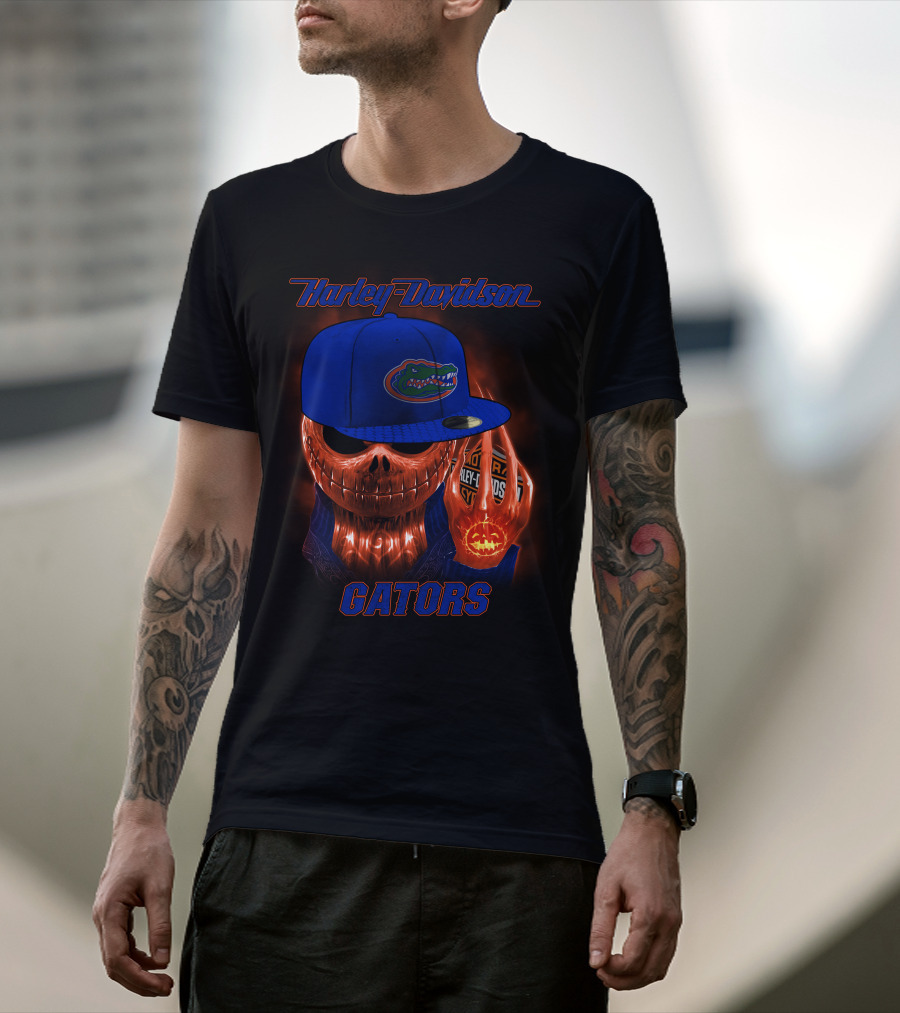 Harley Davidson Halloween Skull With Florida Gators Hat T-Shirt