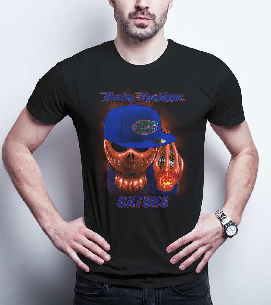 Harley Davidson Halloween Skull With Florida Gators Hat T-Shirt