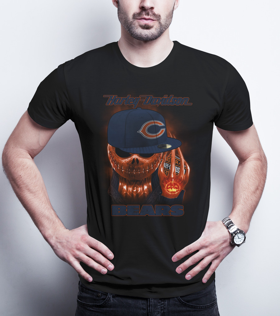 Harley Davidson Chicago Bears Halloween Pumpkin Skull T-Shirt