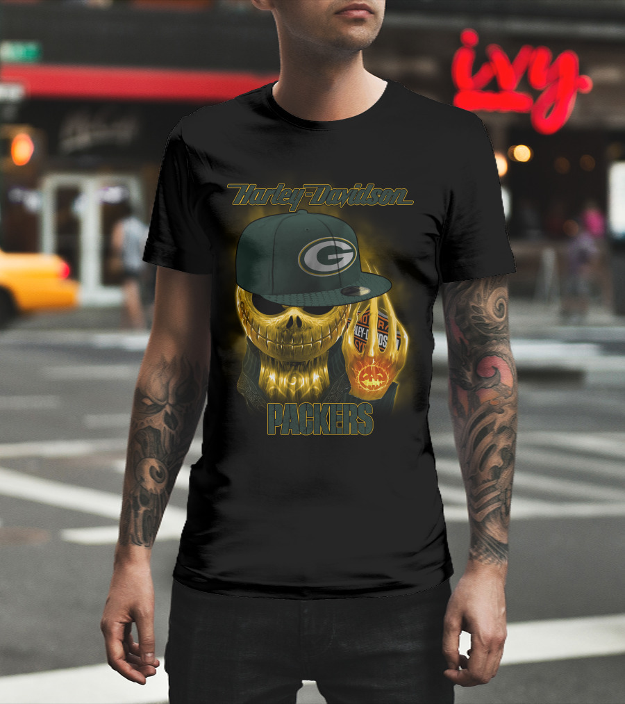 Harley Davidson Green Bay Packers Halloween Skull T-Shirt