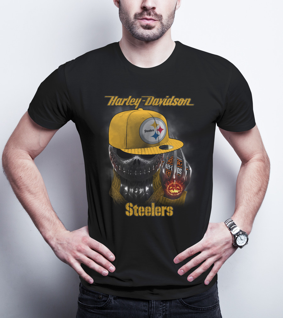 Harley Davidson Steelers Skull With Cap T-Shirt