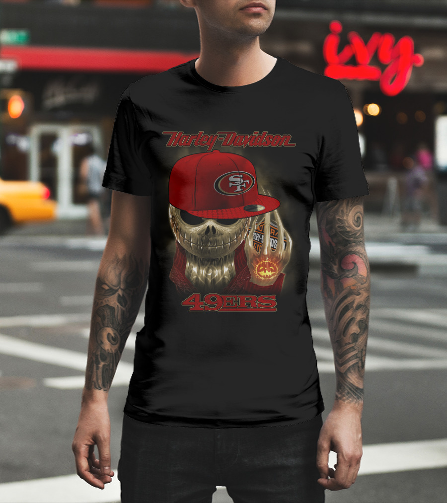 Harley Davidson Skull With San Francisco 49ers Cap T-Shirt