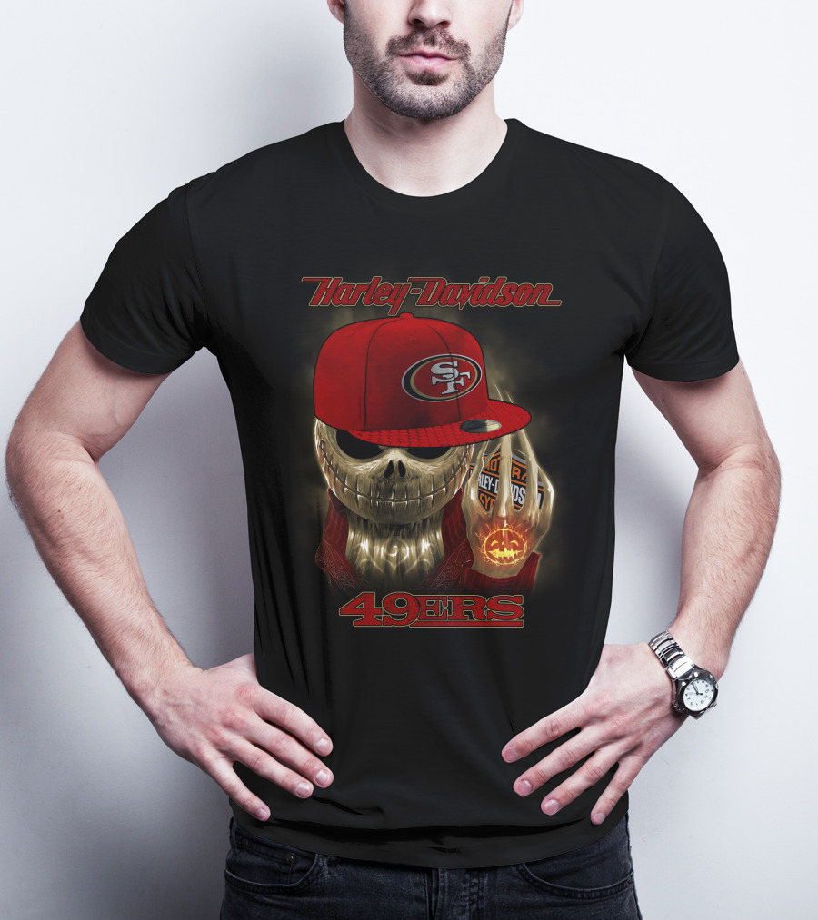 Harley Davidson Skull With San Francisco 49ers Cap T-Shirt