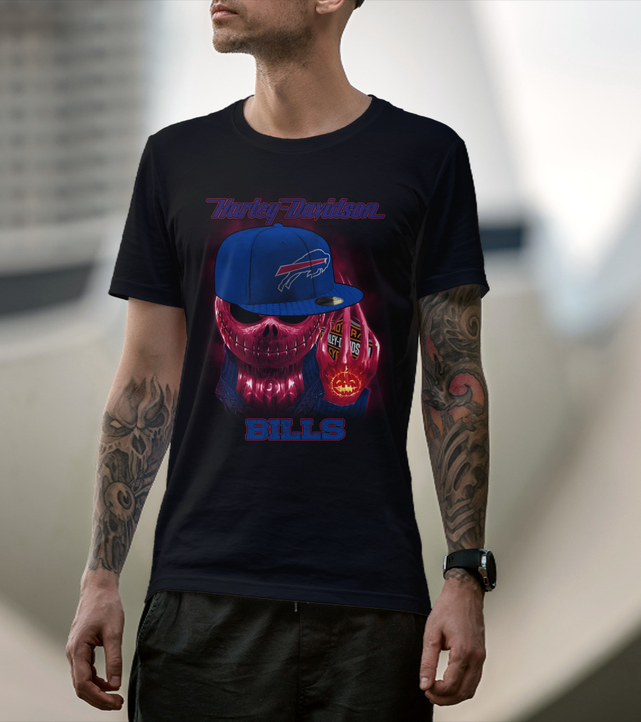 Harley Davidson Buffalo Bills Skeleton With Cap Halloween T-Shirt