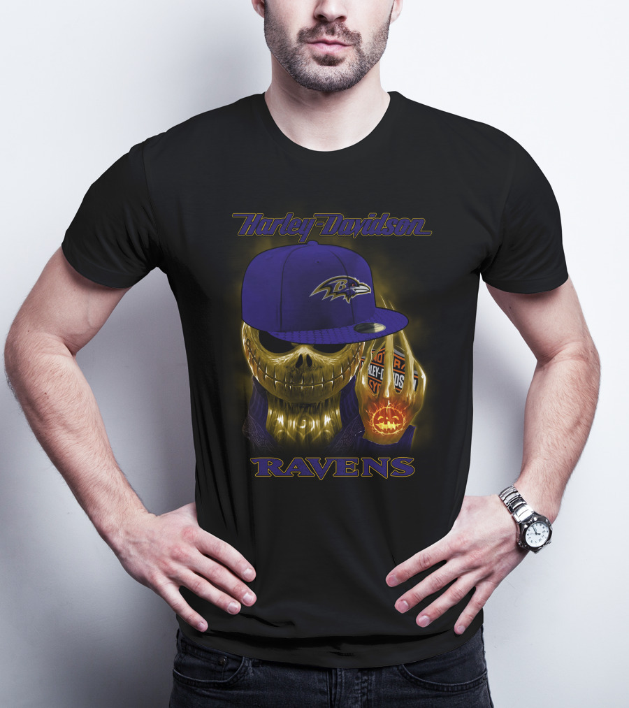 Harley Davidson Ravens Baltimore Skull With Cap T-Shirt