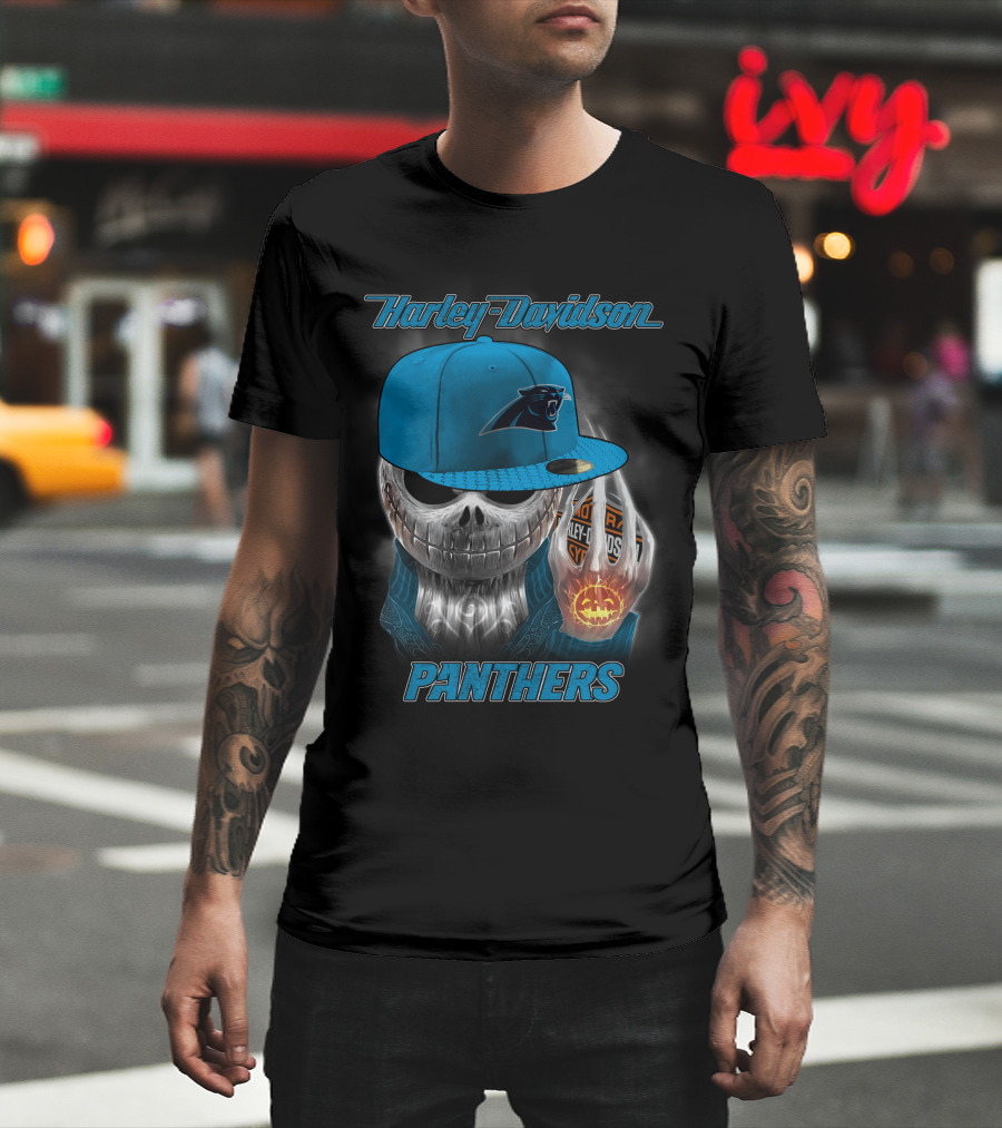 Harley Davidson Panthers Skull In Carolina Panthers Cap With Fiery Pumpkin And Harley Hand T-Shirt