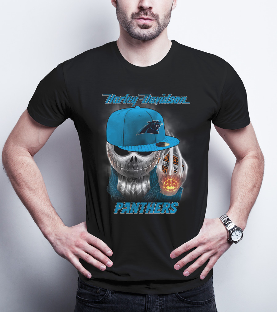 Harley Davidson Panthers Skull In Carolina Panthers Cap With Fiery Pumpkin And Harley Hand T-Shirt
