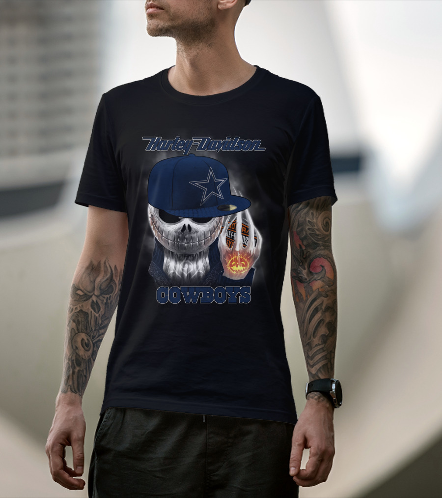 Harley Davidson Cowboys Skull With Dallas Cowboys Cap T-Shirt