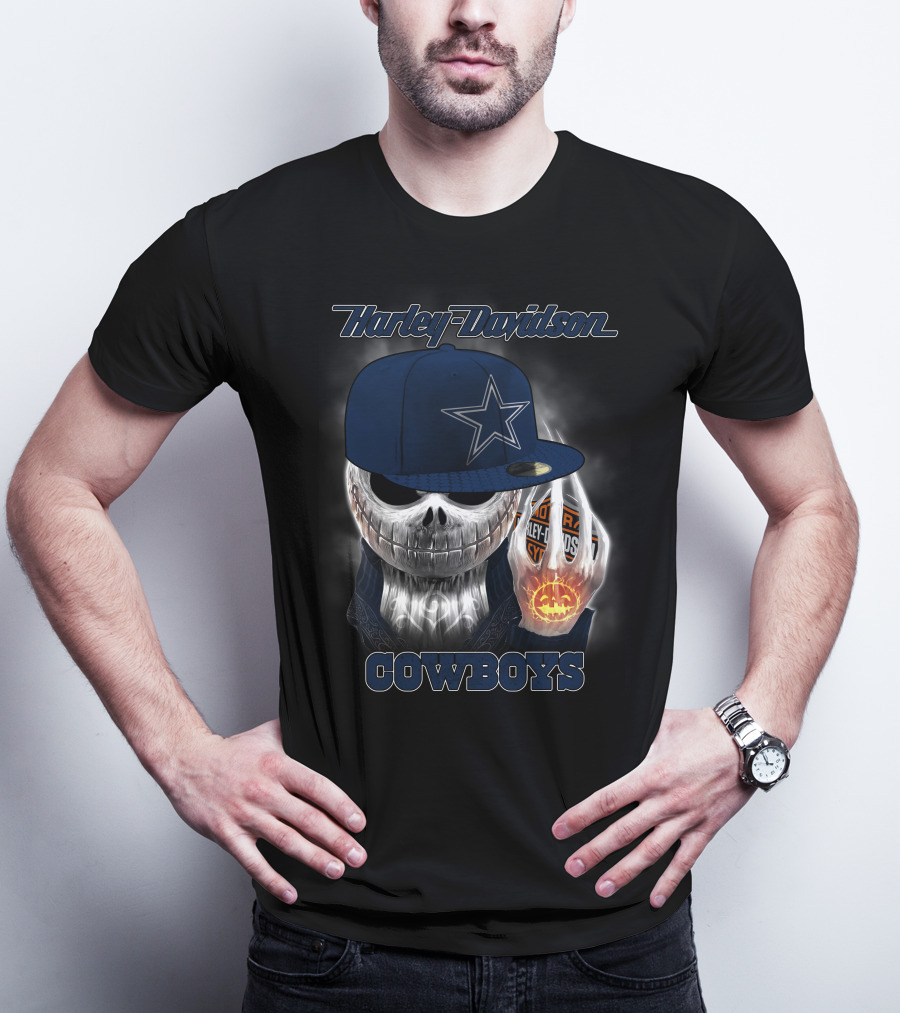 Harley Davidson Cowboys Skull With Dallas Cowboys Cap T-Shirt