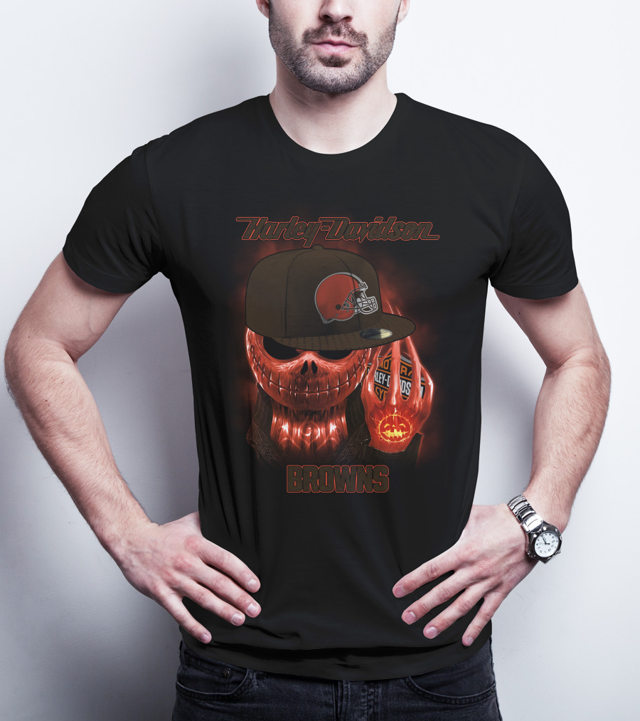 Harley Davidson Cleveland Browns Skeleton With Helmet Cap T-Shirt