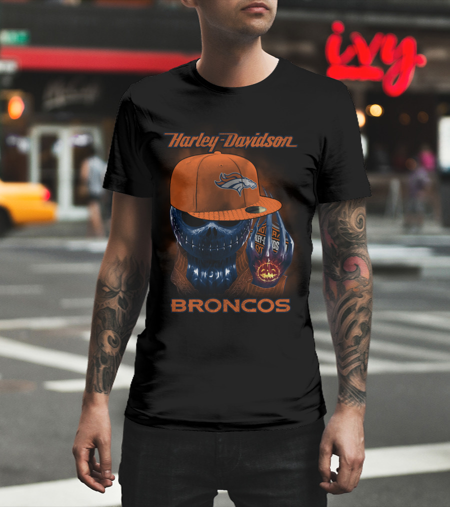 Harley Davidson Broncos Denver Broncos Skull With Hat T-Shirt