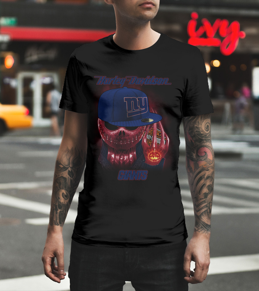 Harley Davidson New York Giants Skull With Cap And Pumpkin Lights T-Shirt