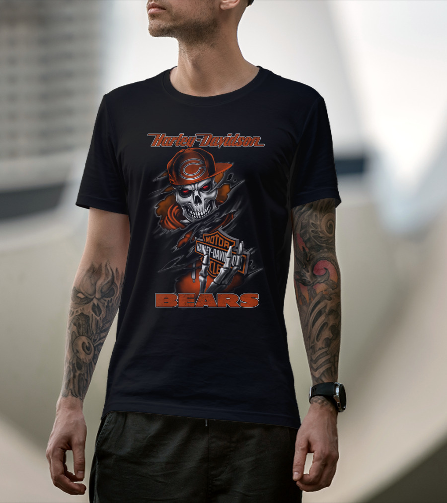 Harley Davidson Bears Skull With Chicago Orange Cap And Motor T-Shirt