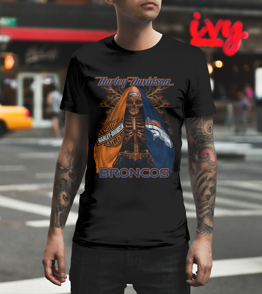 Harley Davidson Denver Broncos Skeleton Motorcycles T-Shirt
