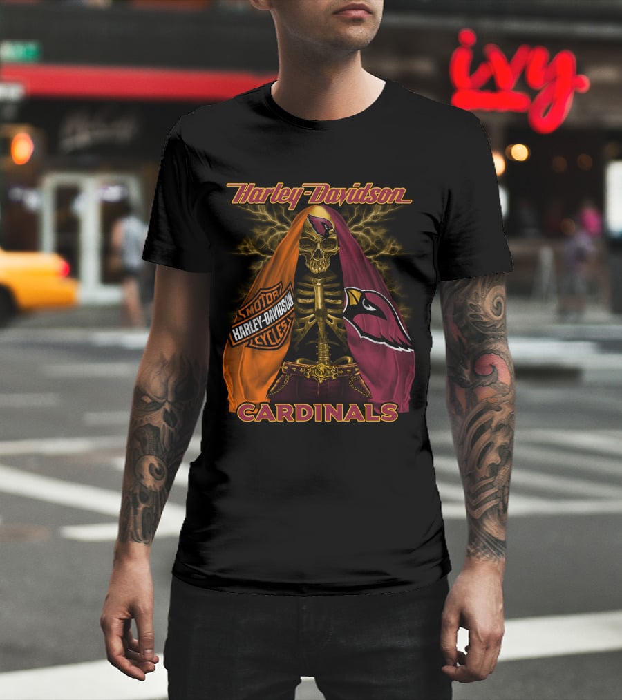 Harley Davidson Arizona Cardinals Skull And Skeleton With Logos T-Shirt