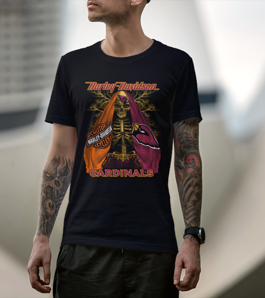 Harley Davidson Arizona Cardinals Skull And Skeleton With Logos T-Shirt