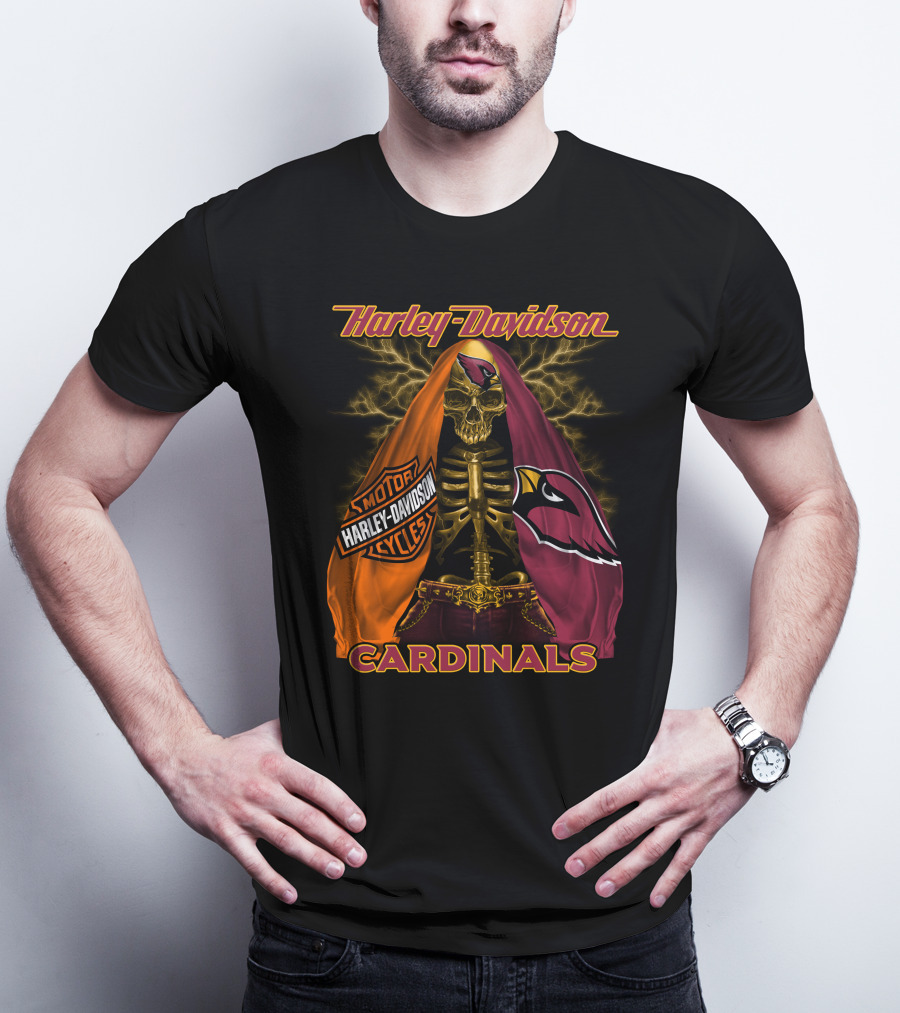 Harley Davidson Arizona Cardinals Skull And Skeleton With Logos T-Shirt