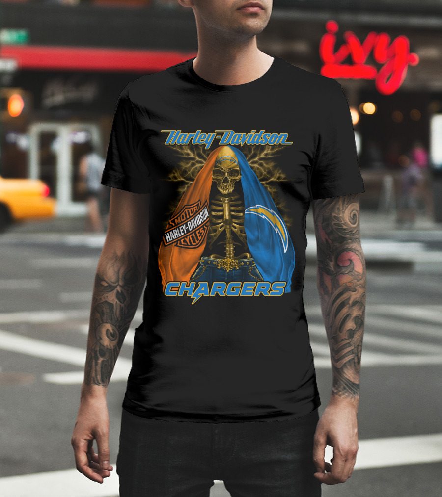 Harley Davidson Los Angeles Chargers Skeleton With Lightning Bolt And Motorcycle T-Shirt