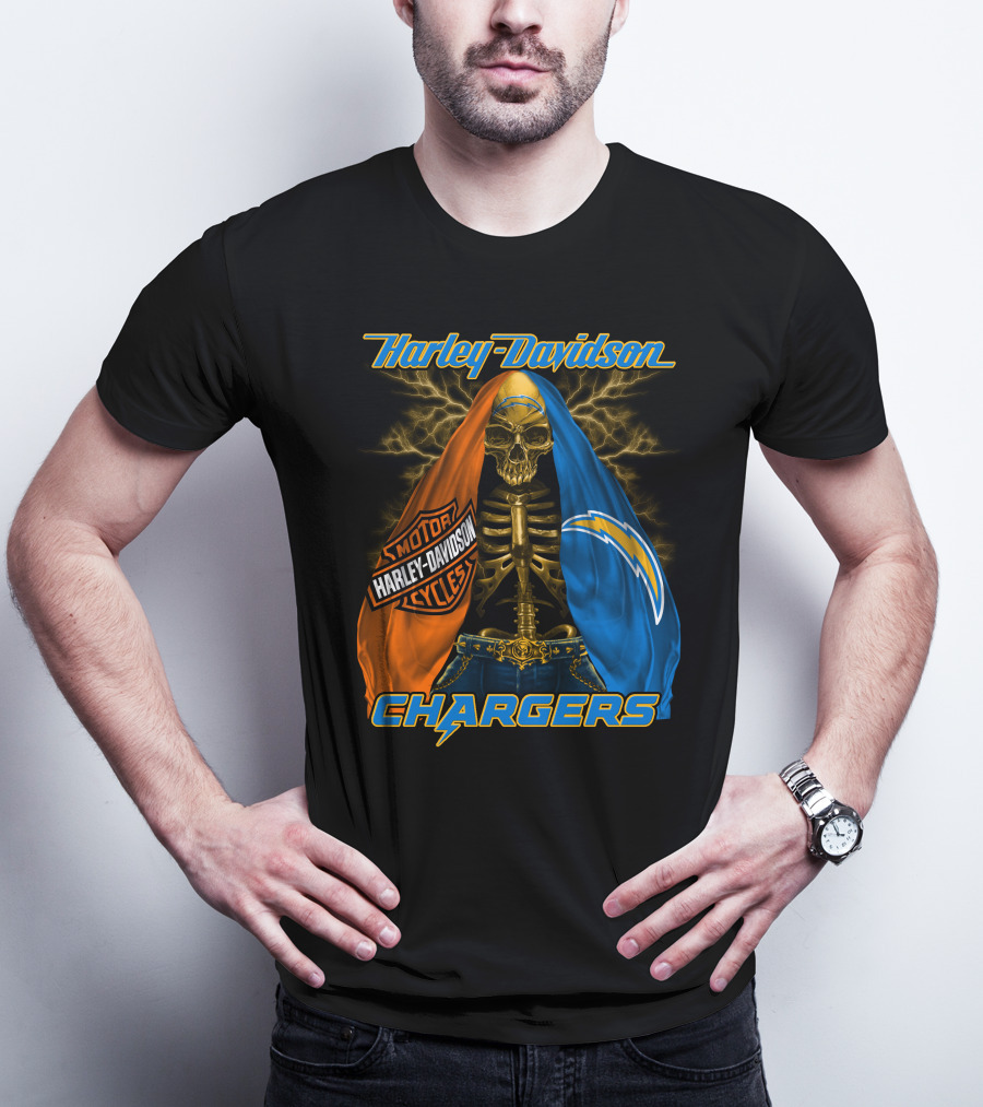 Harley Davidson Los Angeles Chargers Skeleton With Lightning Bolt And Motorcycle T-Shirt