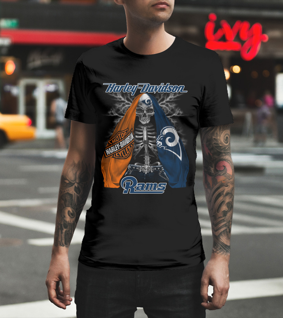 Harley Davidson Los Angeles Rams Motorcycles Skeleton T-Shirt