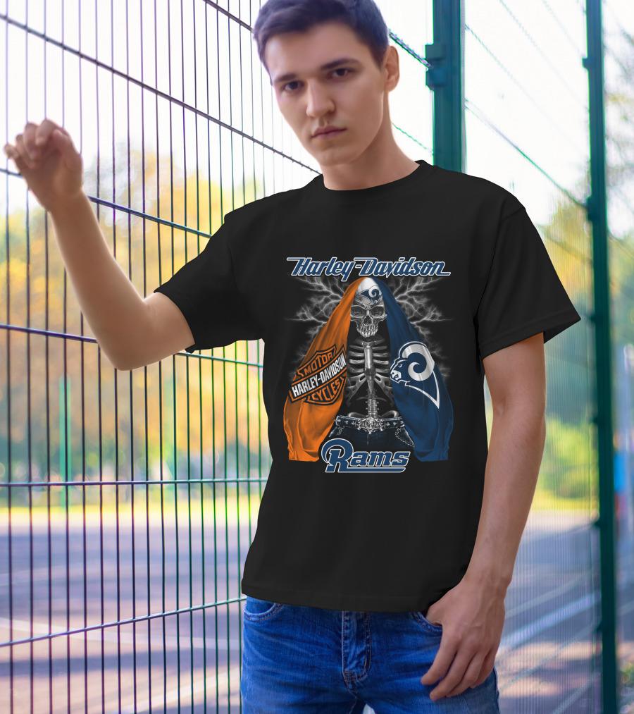 Harley Davidson Los Angeles Rams Motorcycles Skeleton T-Shirt