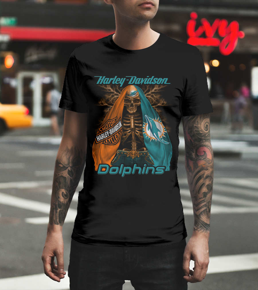 Harley Davidson Miami Dolphins Skeleton Motorcycles T-Shirt