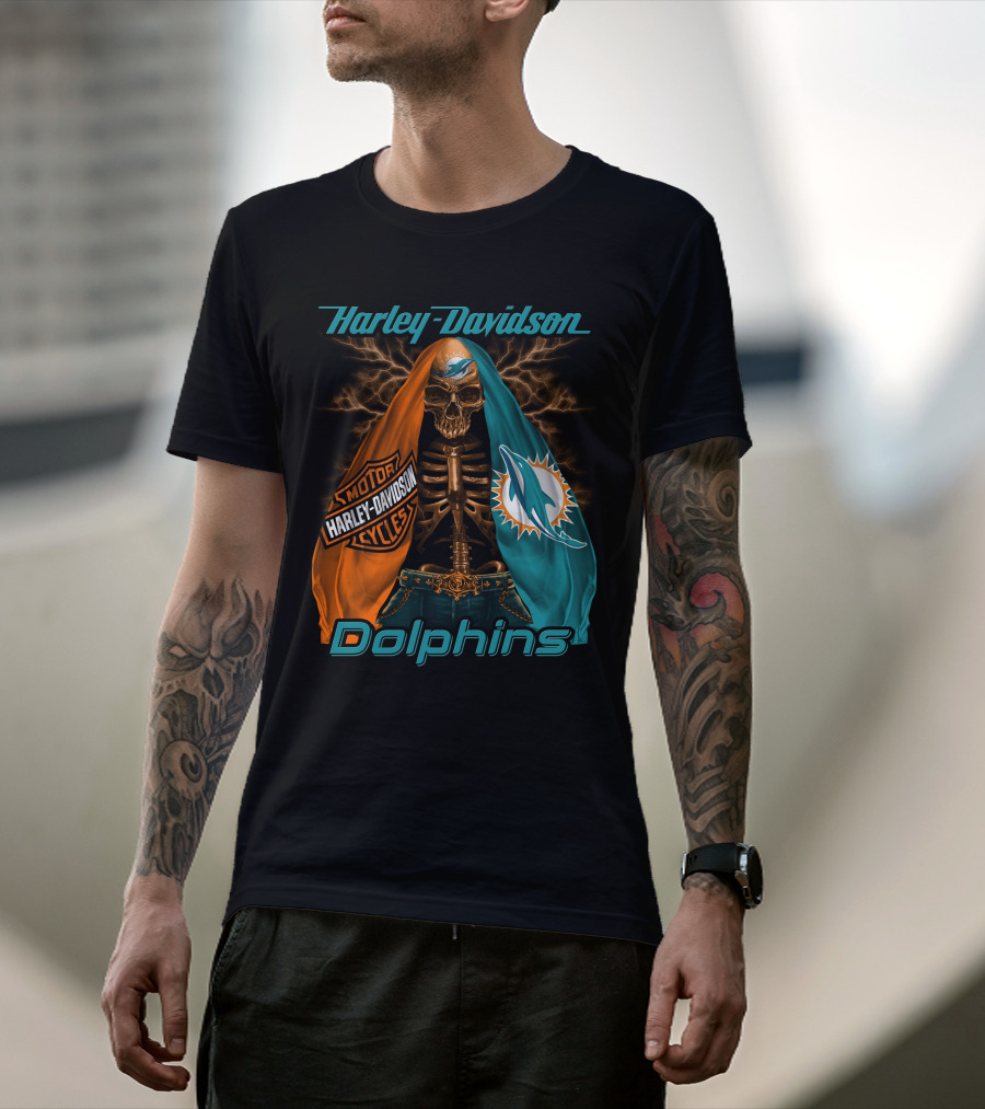 Harley Davidson Miami Dolphins Skeleton Motorcycles T-Shirt