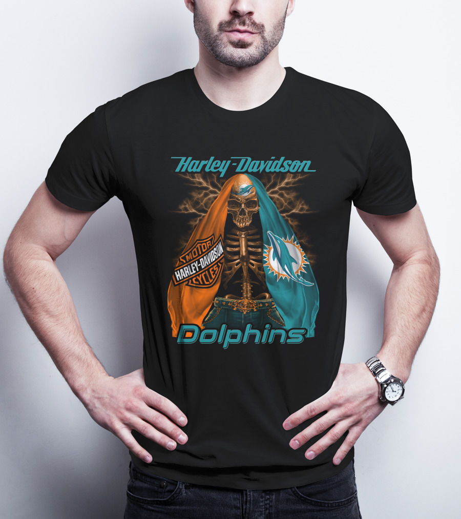 Harley Davidson Miami Dolphins Skeleton Motorcycles T-Shirt