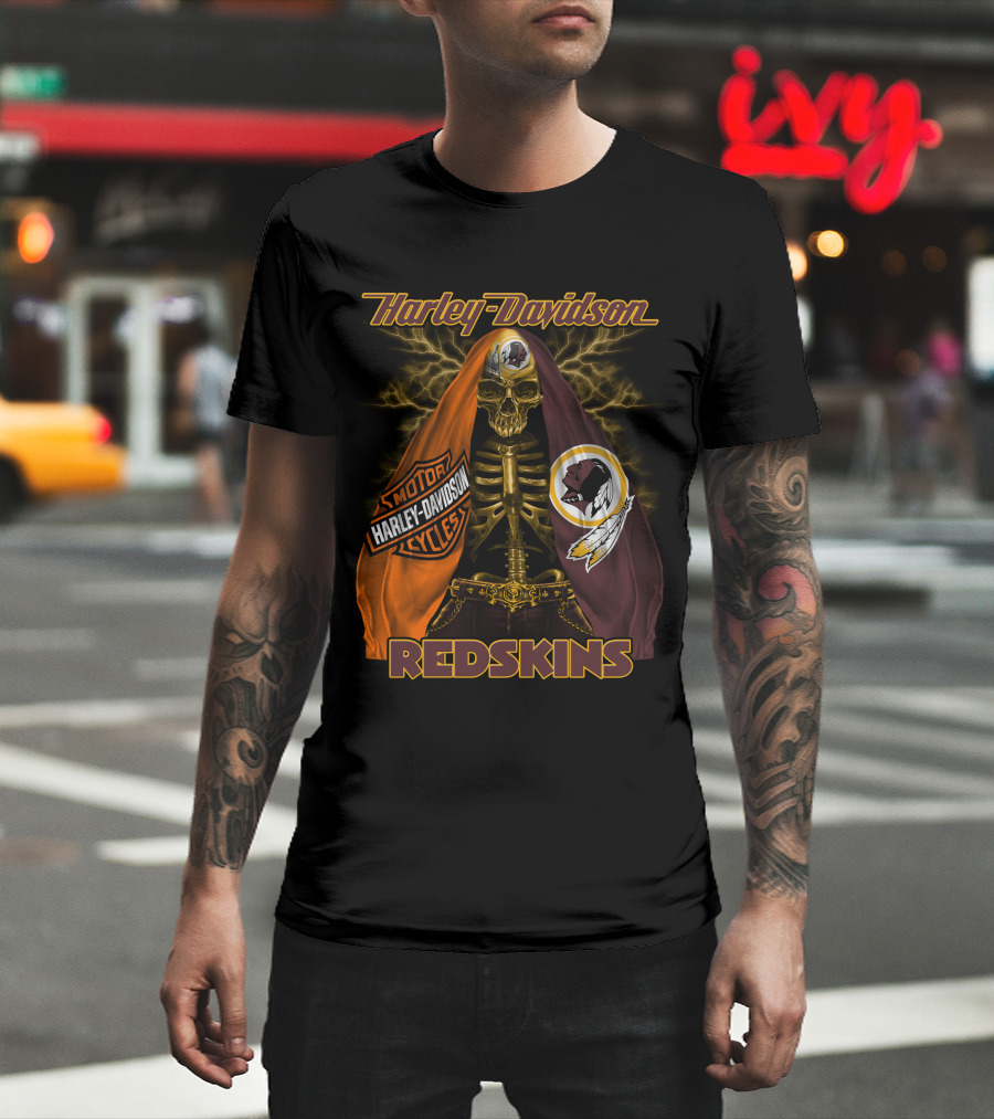 Harley Davidson Redskins Skeleton With Motorcycles And Team Emblems T-Shirt