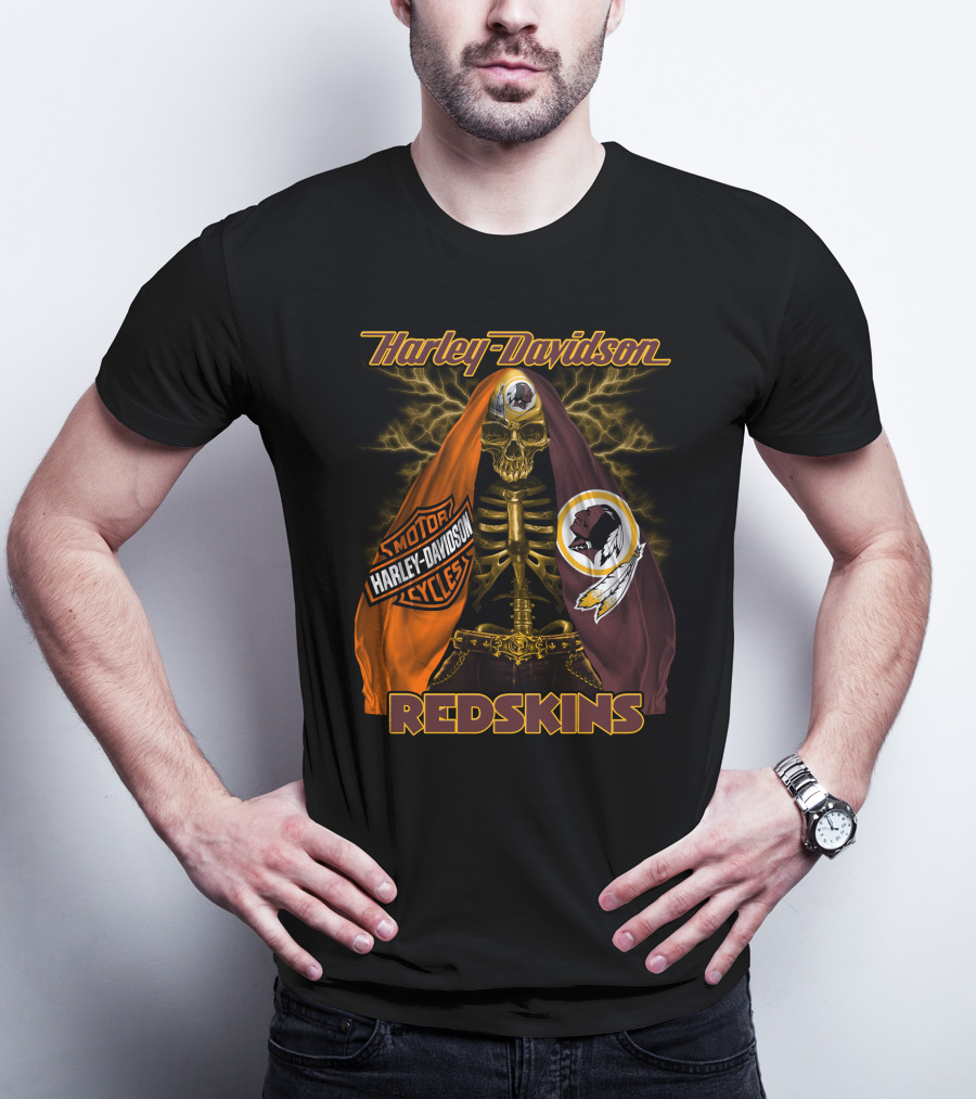 Harley Davidson Redskins Skeleton With Motorcycles And Team Emblems T-Shirt