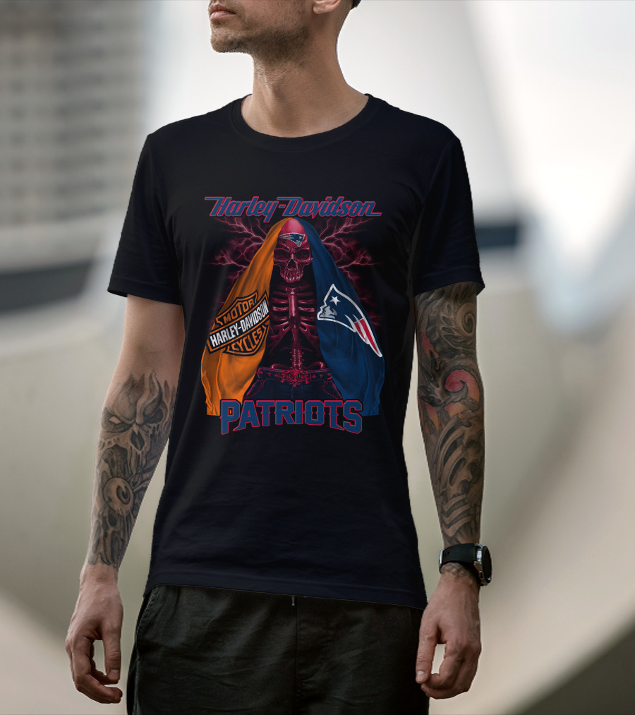 Harley Davidson New England Patriots Skull Logo Collaboration T-Shirt