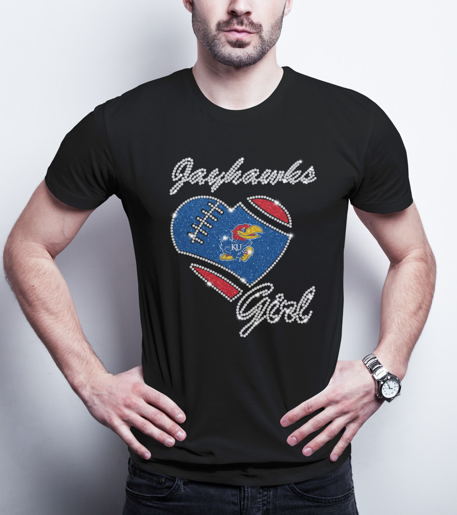 Jayhawks Girl Heart Ku Football T-Shirt