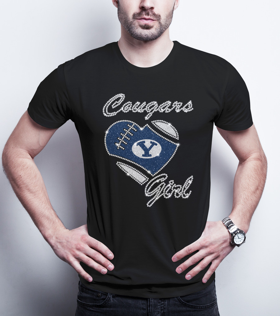 Byu Cougars Girl Football Heart Crystal T-Shirt