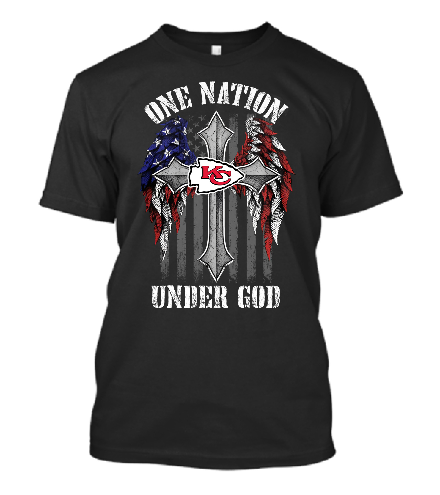 One Nation Under God Kansas City Chiefs Cross Winged American Flag T-Shirt