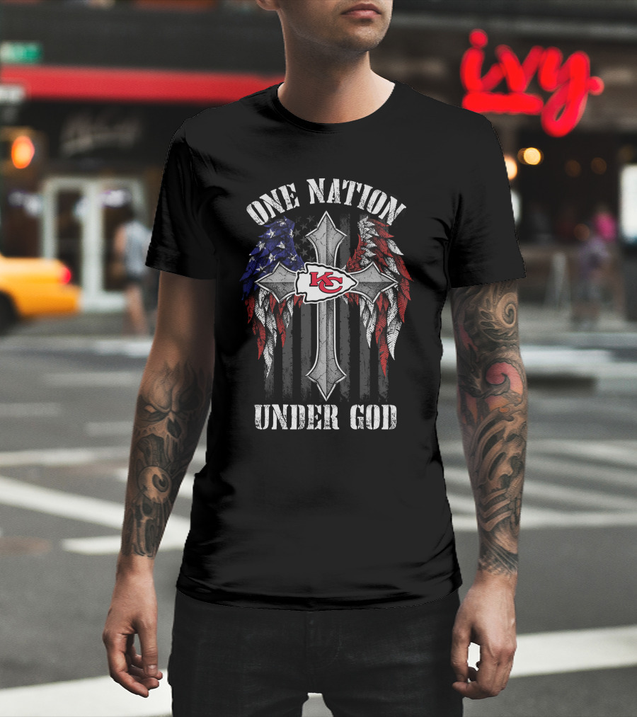 One Nation Under God Kansas City Chiefs Cross Winged American Flag T-Shirt