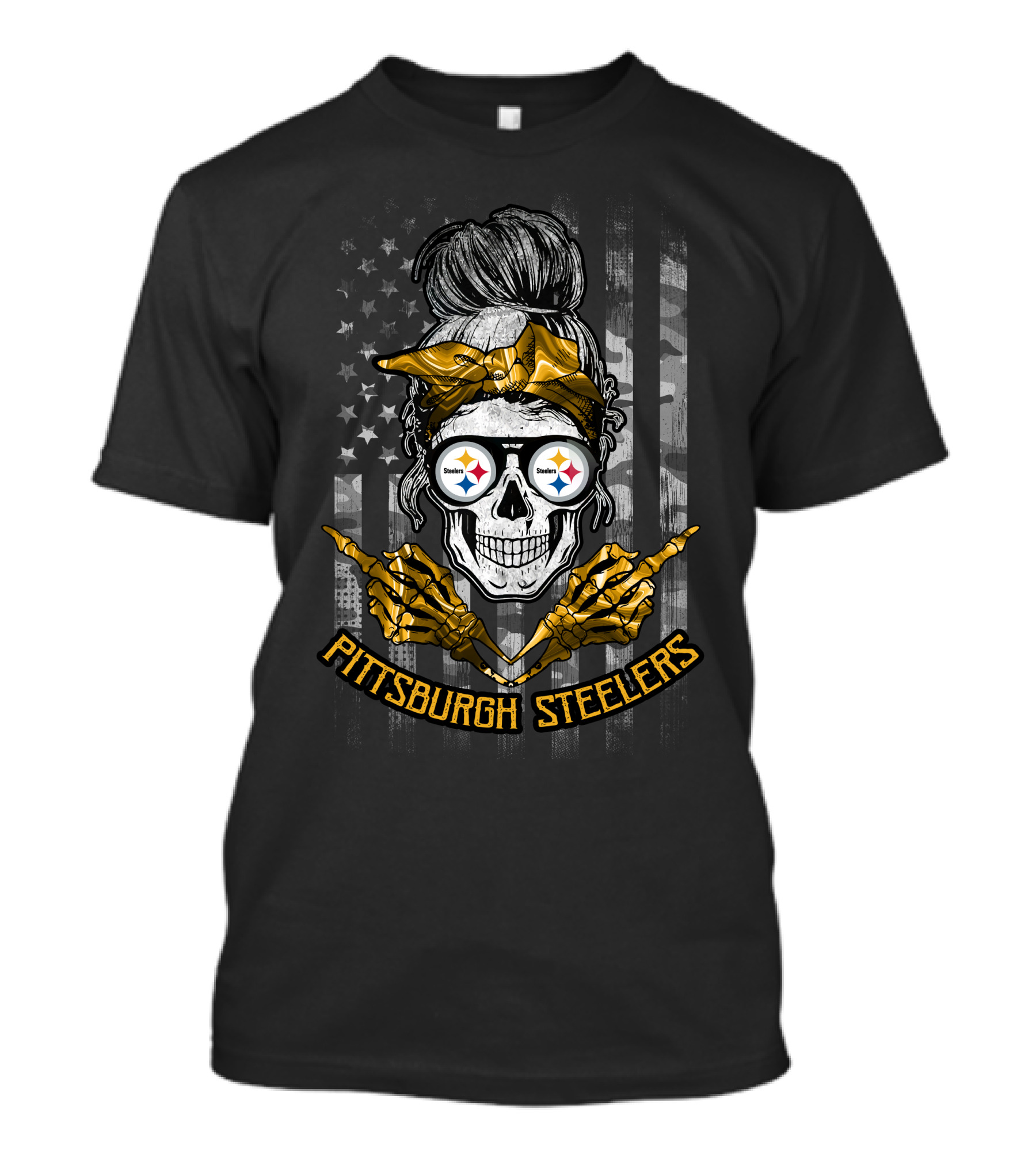Pittsburgh Steelers Skull Girl Skeleton Bandana Football Fan American Flag T-Shirt