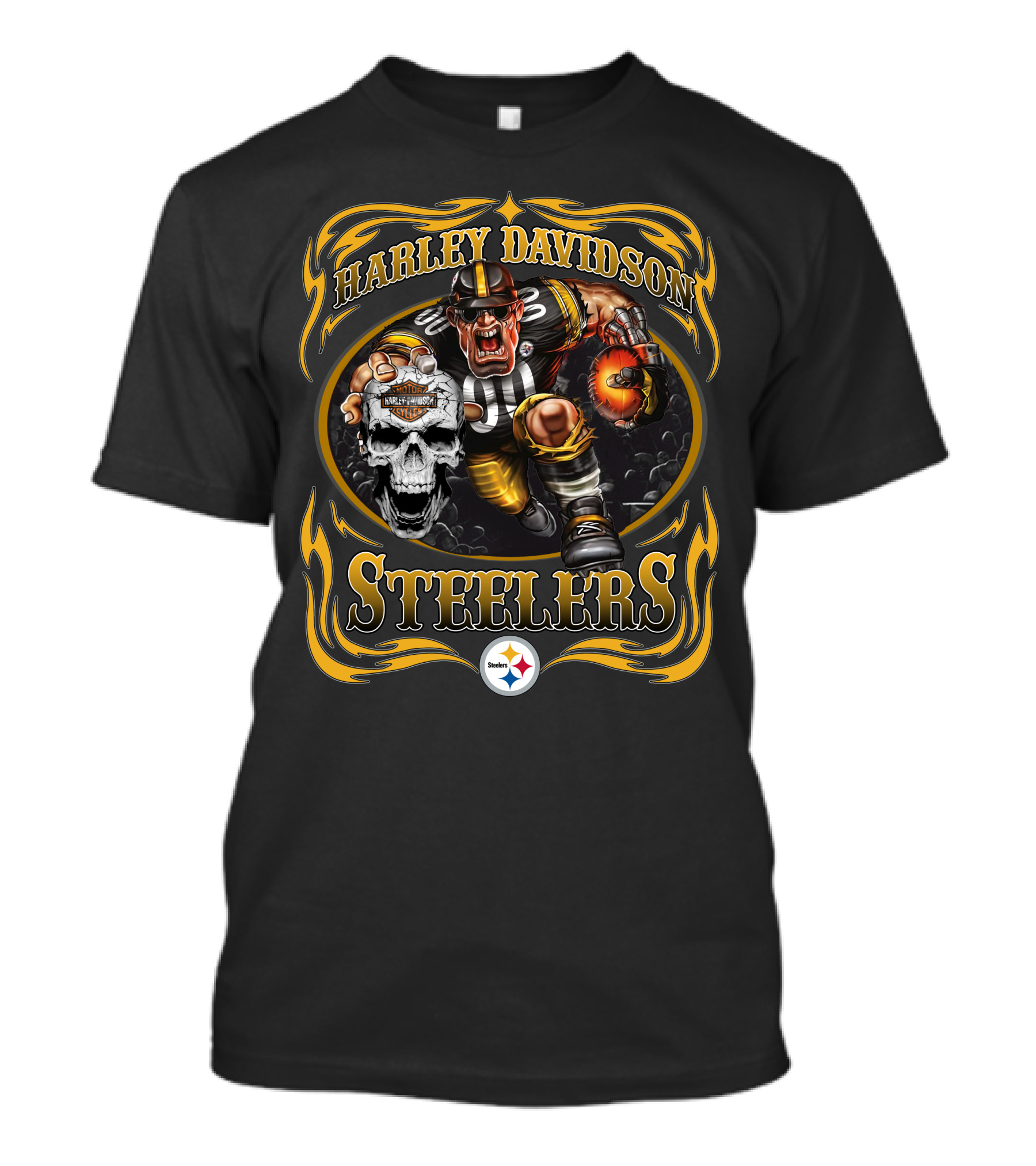 Harley Davidson Steelers Football Skull And Fireball Fantasy T-Shirt