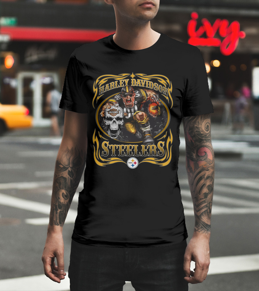 Harley Davidson Steelers Football Skull And Fireball Fantasy T-Shirt