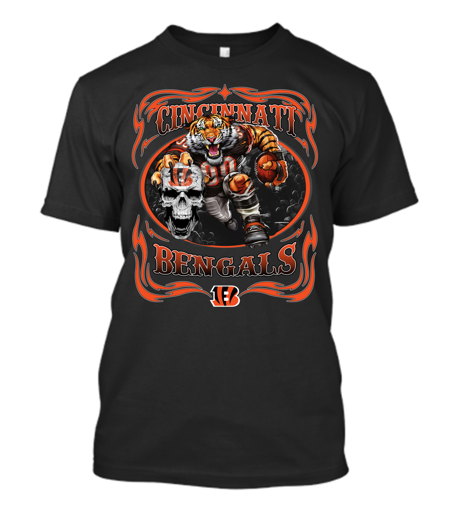 Cincinnati Bengals Tiger With Football And Skull T-Shirt