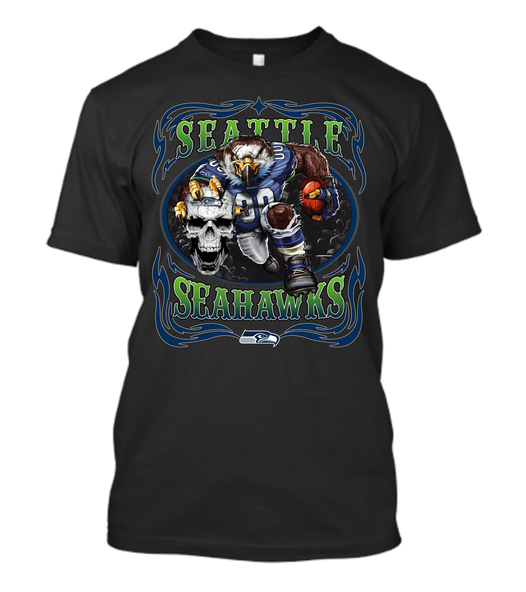 Seattle Seahawks Football Eagle Gridiron Skull On Black T-Shirt