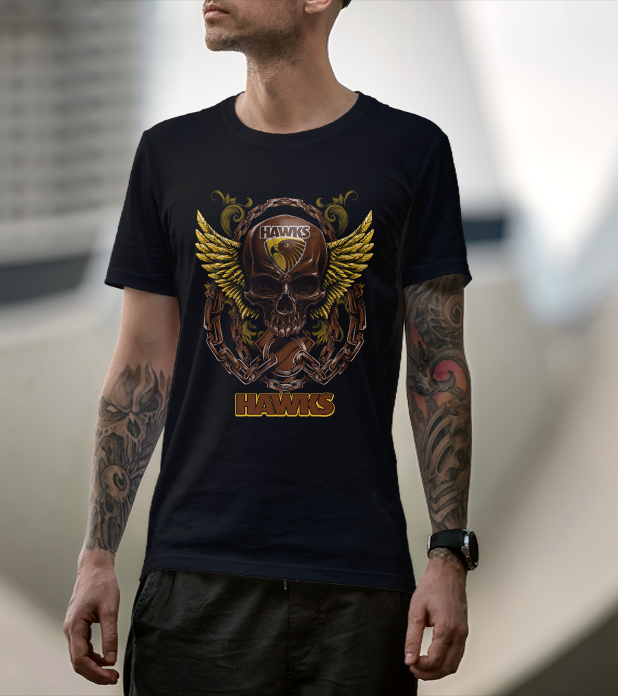 Hawthorn Hawks Skull With Wings And Chains T-Shirt