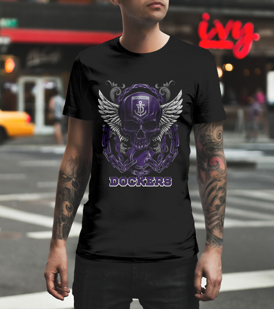 Fremantle Dockers Skull With Chains And Wings Design Est. 1994 T-Shirt