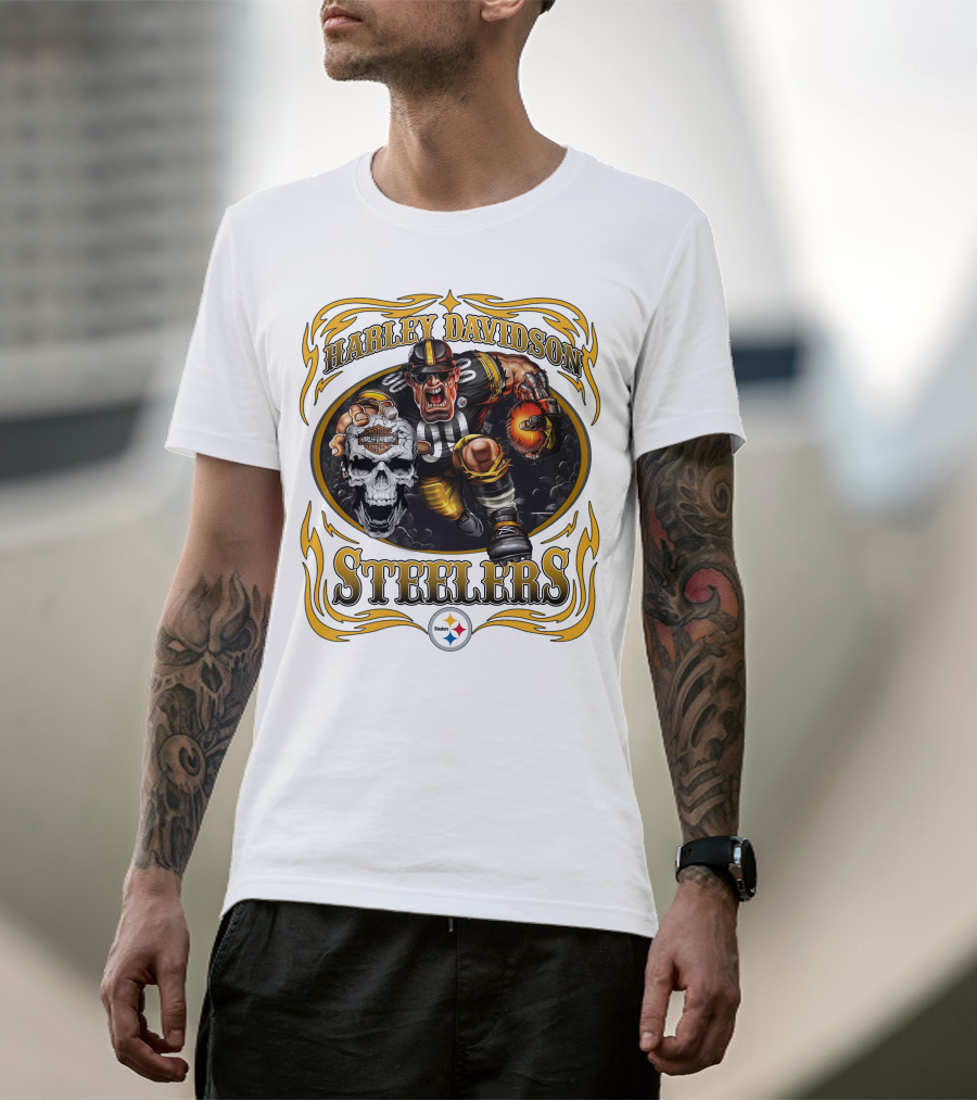 Harley Davidson Steelers Rugged Football Warrior With Fiery Helmet And Skull T-Shirt