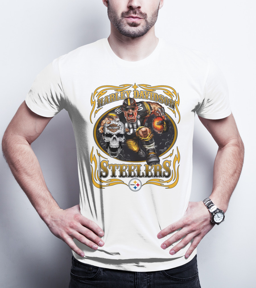 Harley Davidson Steelers Rugged Football Warrior With Fiery Helmet And Skull T-Shirt