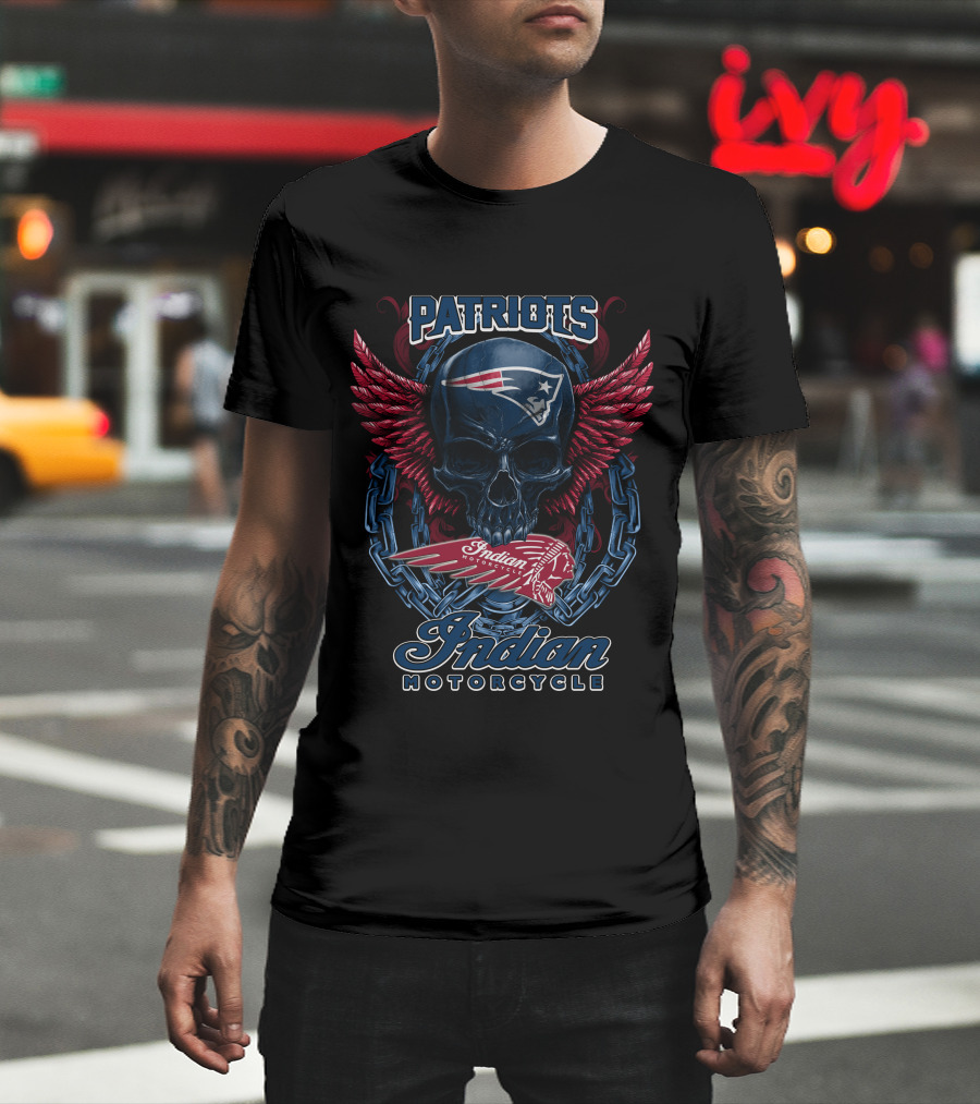 Patriots Skull With Indian Motorcycle Wings And Chains T-Shirt