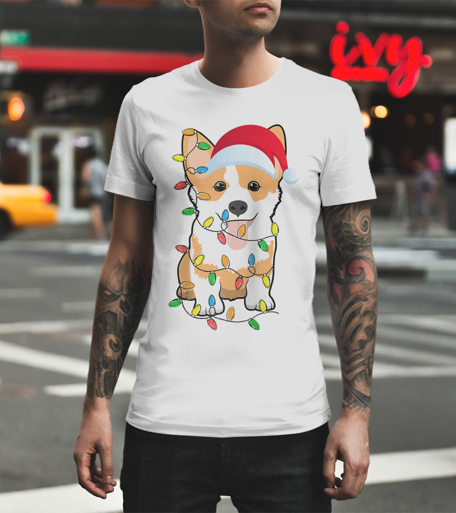 Christmas Corgi Funny Santa Hat Xmas Lights Raglan Baseball T-Shirt